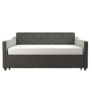 Novogratz Vintage Upholstered Full Twin Trundle Set, Grey Daybed, Gray Velvet