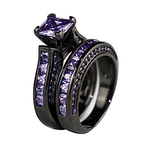 Black Gold Plated Womens Wedding Ring Sets Bridal Sets Princess cut Purple Cz Engagement Ring Wedding Bands