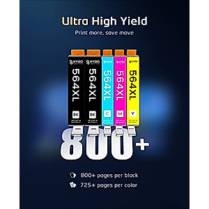 564XL Ink Cartridges for HP Printers 5-Pack Combo (2 Black, 1 Cyan, 1 Magenta, 1 Yellow) Works with Photosmart 7520 7525 5520 6520 6525 5510 6510 7510, DeskJet 3520 3522, OfficeJet 4610 4620 Printers