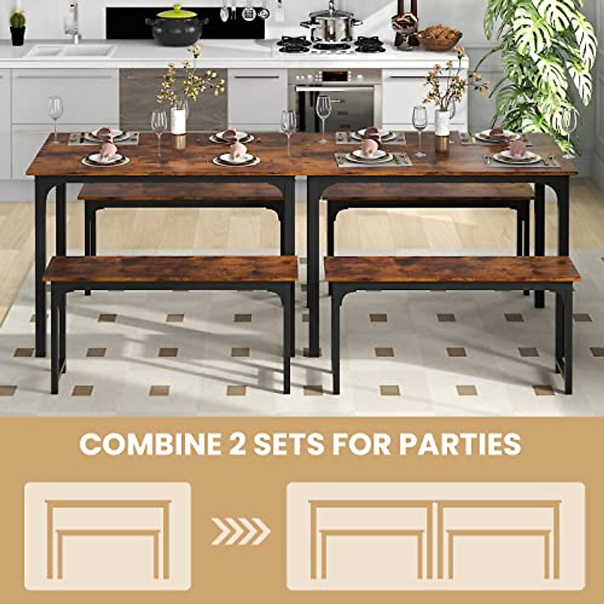 Tangkula 3-Piece Dining Table Set, Rectangular Kitchen/Dining Table with 2 Benches, Metal Frame, Space-Saving Furniture, Modern 4-Person Dinette for Kitchen, Dining Room
