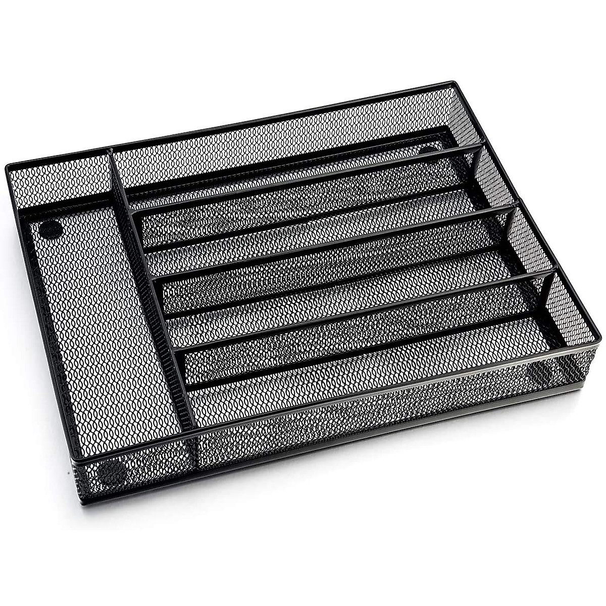 Ipanda Cutlery Tray, Cutlery Organizer, Non-Silp 5 Compartments Utensil Drawer Storage, Kitchen/Office, Steel Mesh Silverware Drawer/Holder/Divider (Black)