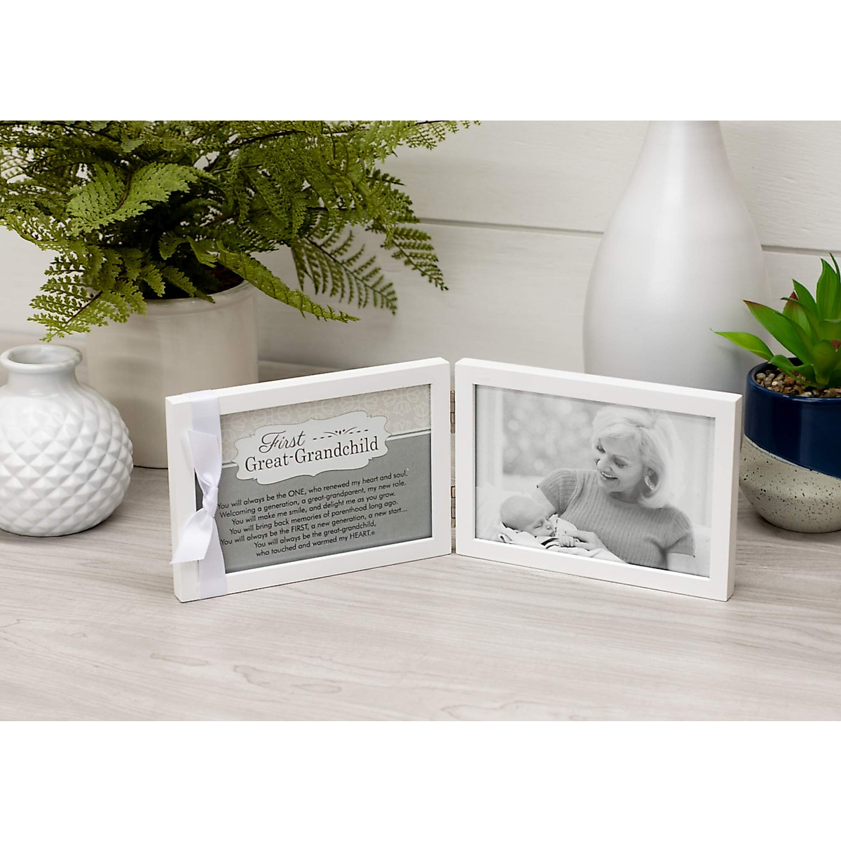 The Grandparent Gift Co. First Great - Grandchild Picture Frame- White Double Hinged Tabletop Photo Frame Holds 4"x6" Pictures or Ultrasounds- Includes Beautiful Sentiment/Poem