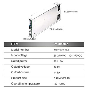 TorqCali RSP-200-13.5 200W Single Output Power Supply 13.5V 14.8A Constant Current with PFC, Enclosed Type for Industrial Automation, Telecom, and Battery Charging Applications