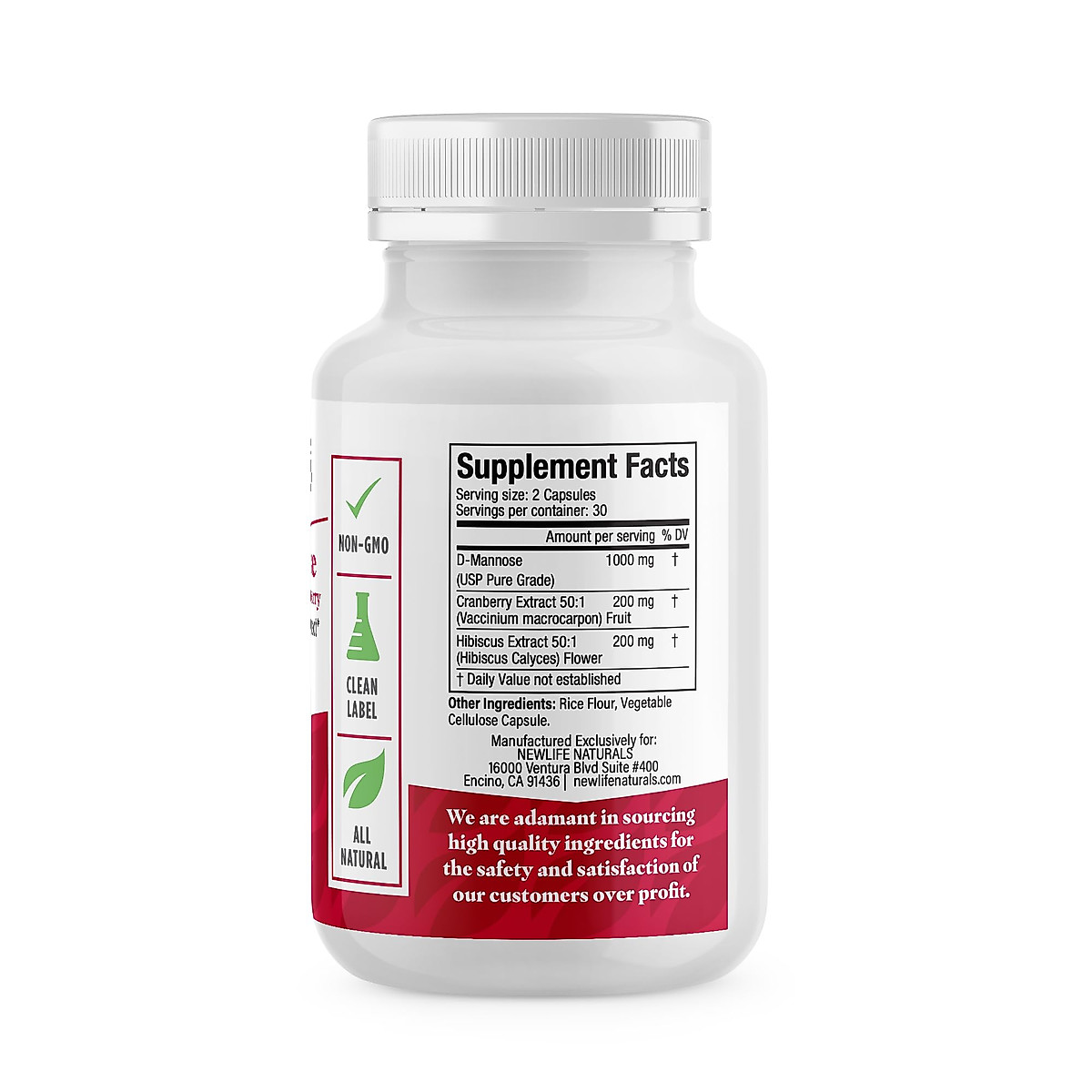NewLife Naturals D-Mannose Capsules | w/Cranberry and Hibiscus Extracts | Natural Urinary Tract Health Supplement | 1400mg Pure Veggie Powder | 60 Veggie Capsules