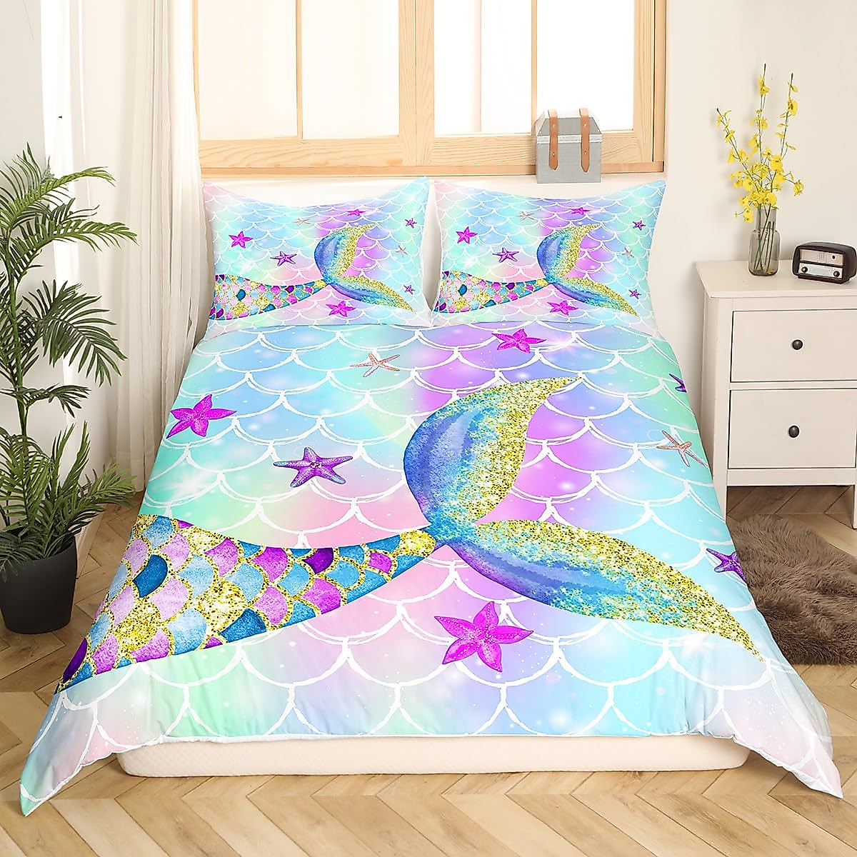 Erosebridal Rainbow Mermaid Comforter Cover Mermaid Tail Duvet Cover Girls Fish Scales Bedding Set Ocean Life Underwater Starfish Seashell Print Quilt Cover with 1 Pillowcase, Twin