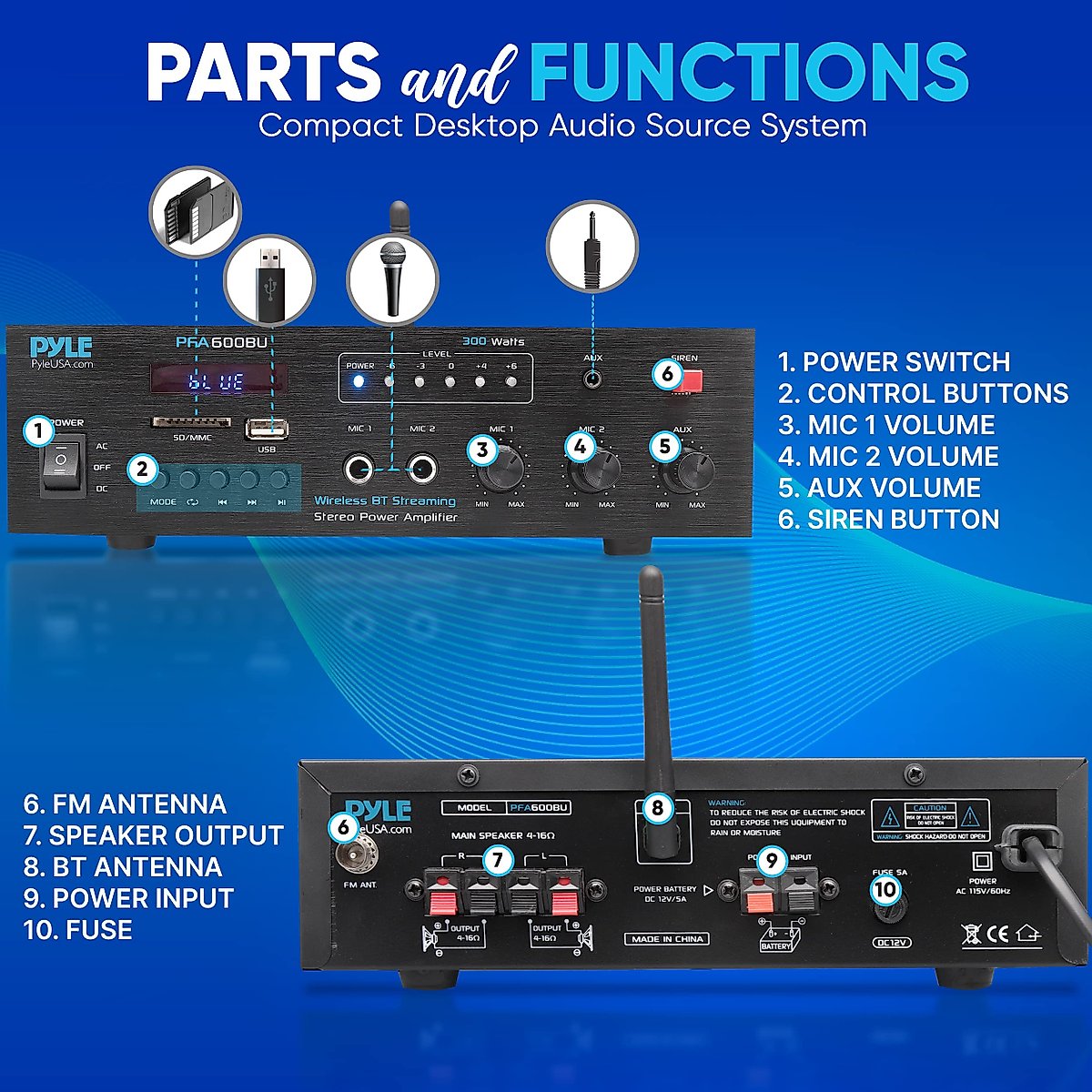 Pyle Wireless Bluetooth Karaoke Amplifier - Home Car Bus Tours 300 Watts 2 Channel Digital Home Audio PA Receiver System 2 Microphone Input Control, FM Radio, USB,12 Volt Power Option - PFA600BU