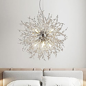 Camastar Modern Small Chandelier, 8 Lights Chrome Firework Chandelier, Dandelion Crystal Chandeliers for Entryway, Sputnik Pendant Light Fixture for Dining Room