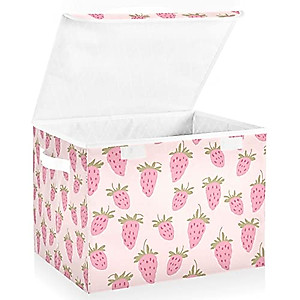 Kigai Pink Strawberry Storage Baskets for Shelves Foldable Closet Basket Storage Bins with Lid for Clothes Home Office Toys Organizers