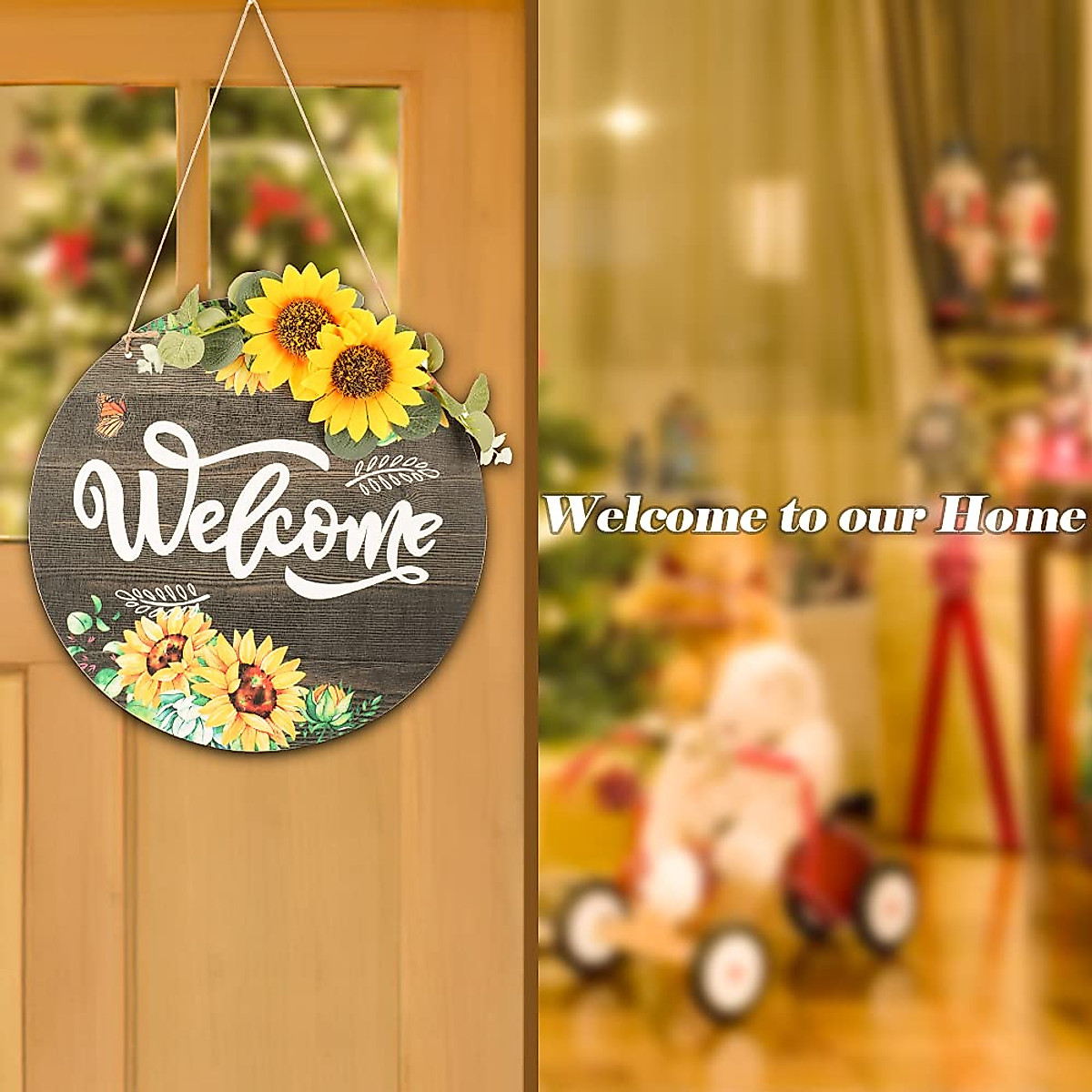 Anpress Welcome Sign for Front Door Round, 12x12inch Sunflower Welcome Sign Farmhouse Porch Decoration Rustic Artificial Sunflower Christmas Decor Wooden Hanging Sign for Home Garden Bedroom