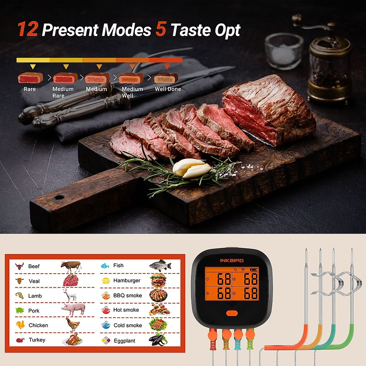 Inkbird WiFi Grill Thermometer, Wireless BBQ Thermometer for Grilling Roasting Cooking Smart Digital Remote Meat Thermometer with Graph Alarm Timer 4 Probes Rechargeable