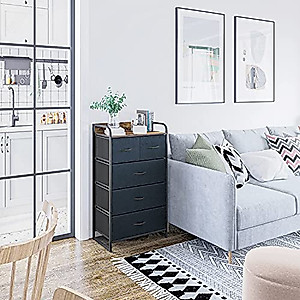 USJRAO Suede Fabric Dresser with 5 Drawers and Shelves Tall Chests of Drawers Sideboard Organizers Unit Storage Tower for Closet Bedroom Living Room Hallway Entryway Steel & Wood Black