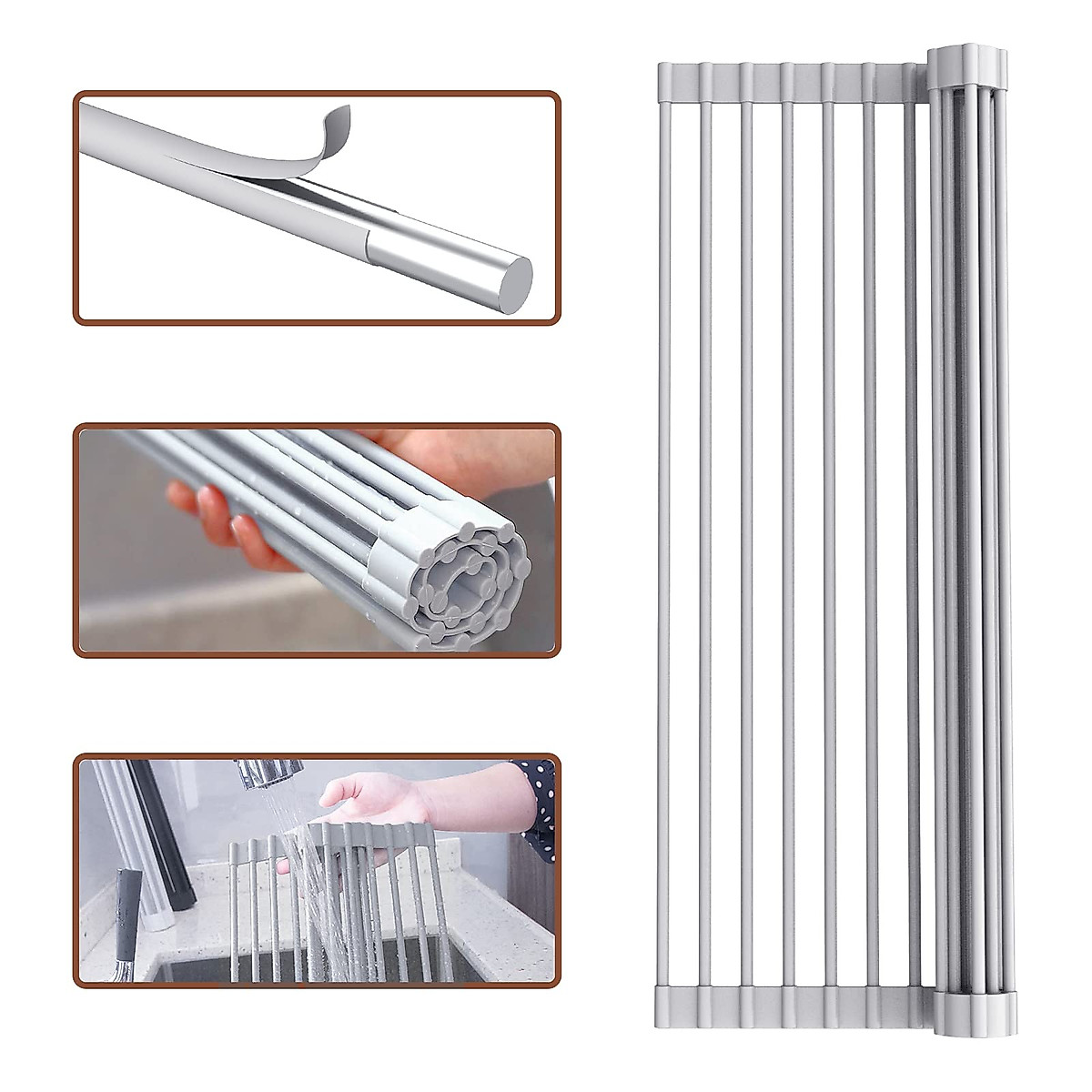 TPMXEMR Roll Up Dish Drying Rack, Over The Sink Dish Drying Rack Heat-Resistant Anti-Slip, 20.5" L x 13.1" W Heavy Duty Silicone Wrapped Steel Rods Dish Drying Rack for Kitchen Counter