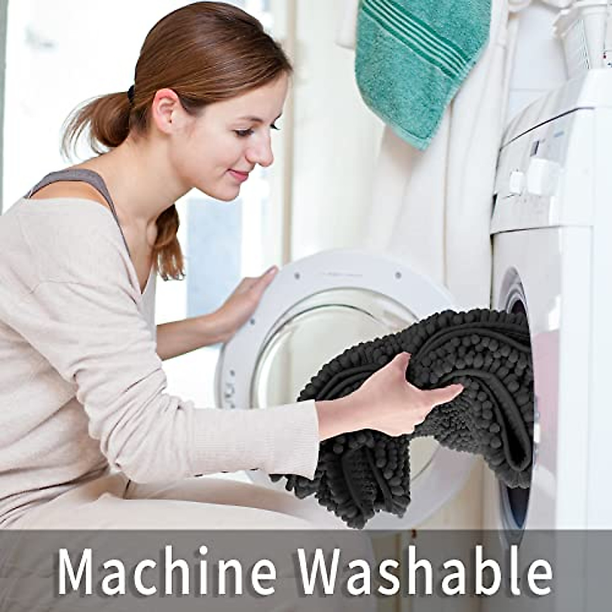 Yimobra Luxury Chenille Shaggy Bathroom Rug Set, 2 Pack Soft Fluffy Plush Bath Mat, Extra Thick, Non-Slip, Water Absorbent, Machine Washable, Bath Mats for Bathroom (Black, 20" x 32"+17" x 24")