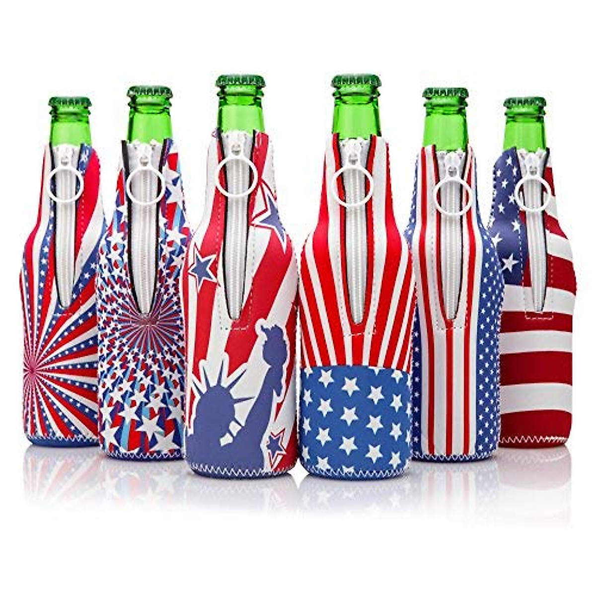 Beer Bottle sleeves - Set of 6 Zipper American Flag Theme Coolies - Extra Thick Neoprene - Fully stitched, Non-Glued Base - Bonus Bottle Opener - Trendy & Awesome Gift or Hosting Item #6USF