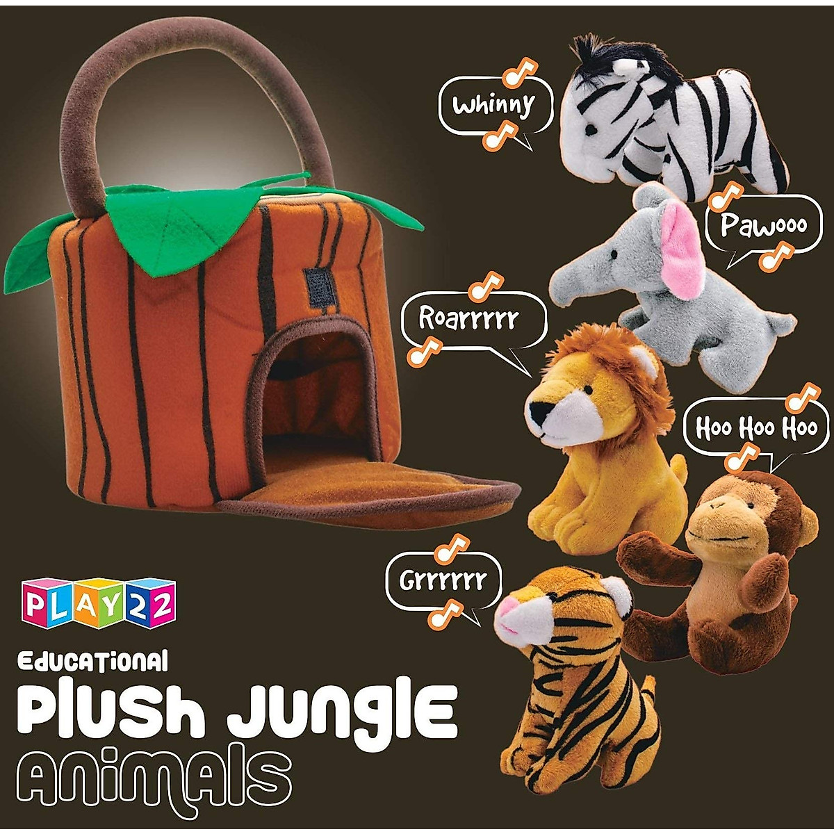 Play22 6-Piece Plush Talking Jungle Animals Set with Carrier for Kids, Babies & Toddlers - Elephant, Tiger, Lion, Zebra, Monkey