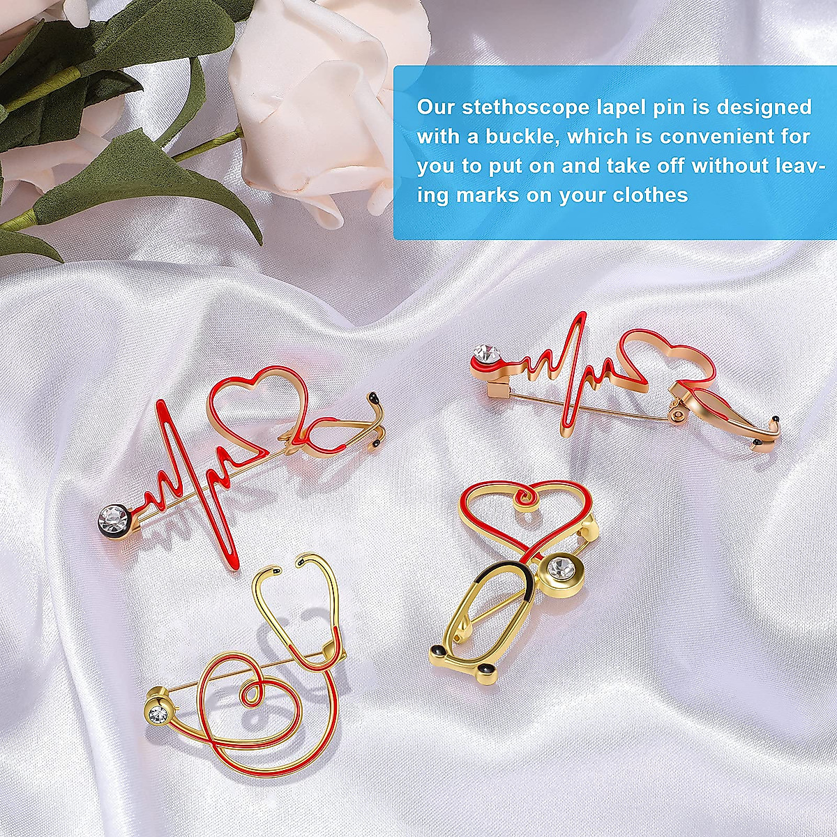 Henoyso 4 Pieces Stethoscope Brooch Pins Electrocardiogram Stethoscope Brooch Heart Shaped Pin Stethoscope Lapel Pin for Clothing Bags Women Men Decorations