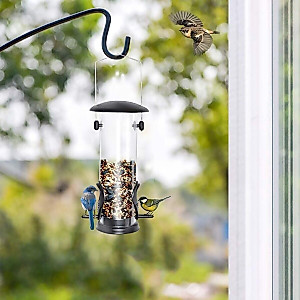 Metal Bird Feeder, Tube Bird Feeders for Outdoors Hanging, Heavy Duty Chew-Proof and Rust-Proof Tube Bird Feeder, Weatherproof & Steel Hanger, Attracting for Wild Birds (Black)