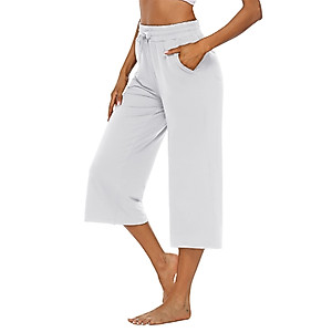 OYANUS Capris for Women Casual Summer Loose Comfy Drawstring Wide Leg Capri Pants with Pockets White-3XL