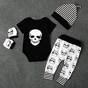 puseky 4pcs Newborn Baby Boys Girls Skull Romper+Pants+Hat+Mitten Halloween Outfit Set (0-6 Months, Black+White)