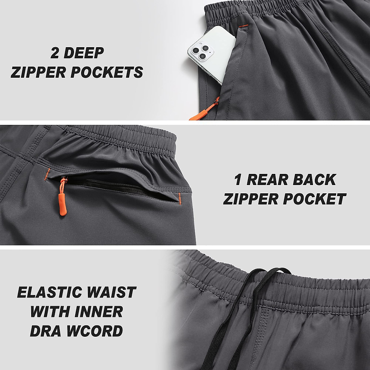 Selovzz Mens Workout Athletic Gym Shorts Sports Quick Dry Lightwight Mens Elastic Waist Shorts with Zipper Pockets (Dark Grey, US XL)