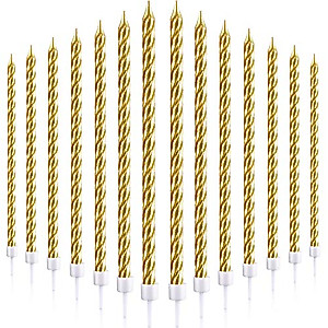 30 Pieces Birthday Candles Spiral Cake Candles Metallic Cupcake Candles Long Thin Cake Candles in Holders for Birthday Wedding Party Cake Decorations (Gold)