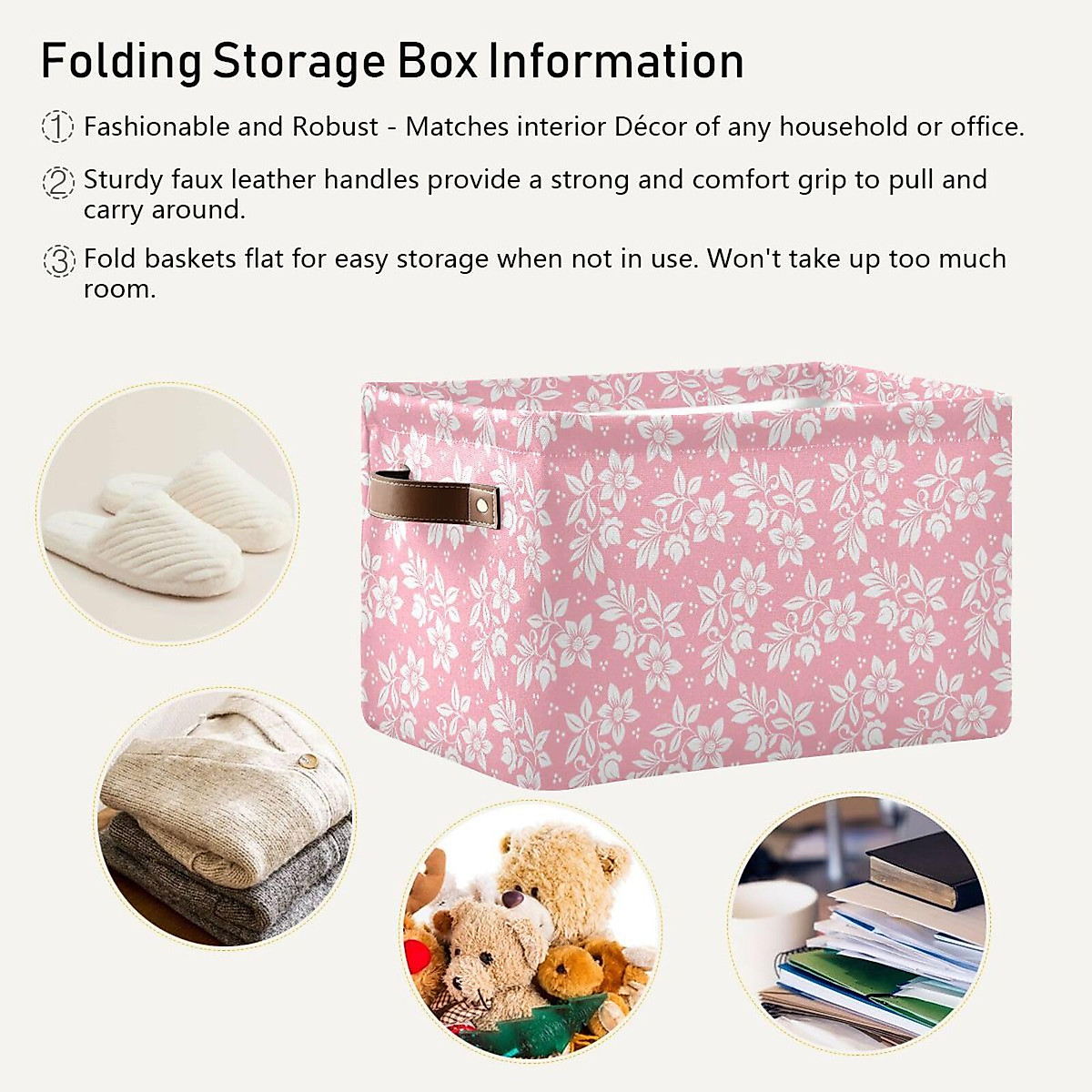 NFMILI Floral Pink and White Storage Basket, Fabric Storage Cubes Bins, Open Home Storage Bins with Handles, Foldable Cubes Closet Organizer Boxes 14.2 x 10.2 x 8.3 in (Large - 2 Pack)