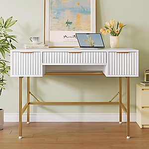 Bestier 47.6 Inch Fluted Computer Writing Desk with Drawers for Home Office, White and Gold Vanity Desk, Modern Simple Makeup Desk for Bedroom