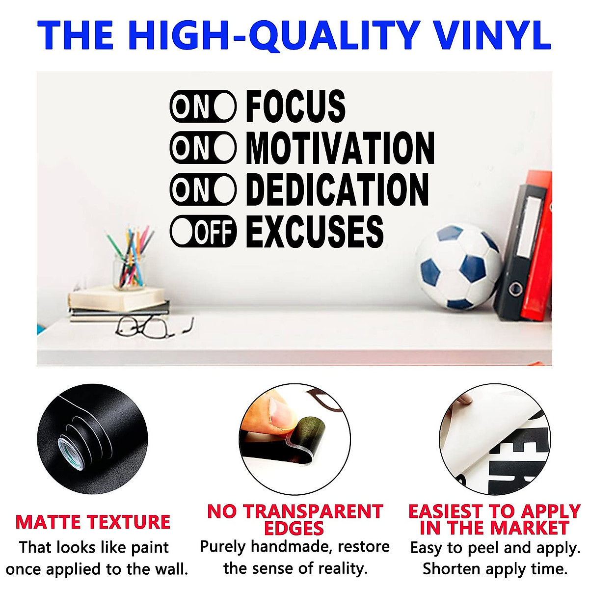 Motivational Wall Decals, Gym Wall Decor, Vinyl Art Stickers Quotes Inspirational Sports Positive Exercise Workout Fitness Running Home On Focus On Motivation On Dedication Off Excuses 34"x20.4"