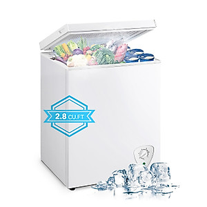 rosmena Small Chest Freezer, 2.8 Cubic Feet Mini Deep Freezer Chest with Basket Adjustable 7 Temp Control, Top Open Door Compact Freezer With Removable Basket For Dorm, Apartment, White
