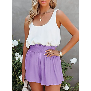 Dokotoo Womens Ladies Athletic Summer Casual Smocked Ruffle Elastic High Waisted Soft Comfy Fashion Beach Shorts for Women Purple Medium