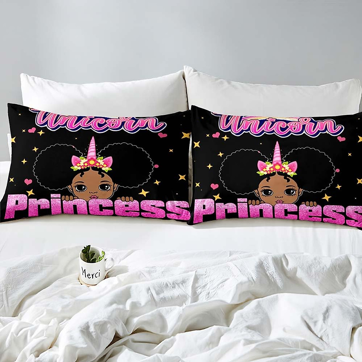 LUVIVIHOME 2PCS Unicorn Afro Princess Bedding Set, Pink Black Duvet Cover Twin, Kids Toddler Girls Bedding, African American Girl Cute Black Girl Magic Comforter Bedspread Quilt Cover, 1 Pillow Case