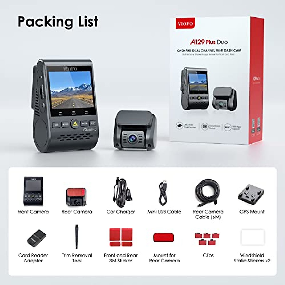 VIOFO Dash Cam Front and Rear 2K 1440P 60fps +1080P 30fps Dual Dash Camera with Wi-Fi GPS, Emergency Recording, Motion Detection, 24h Parking Mode, Super Capacitor (A129 Plus Duo)
