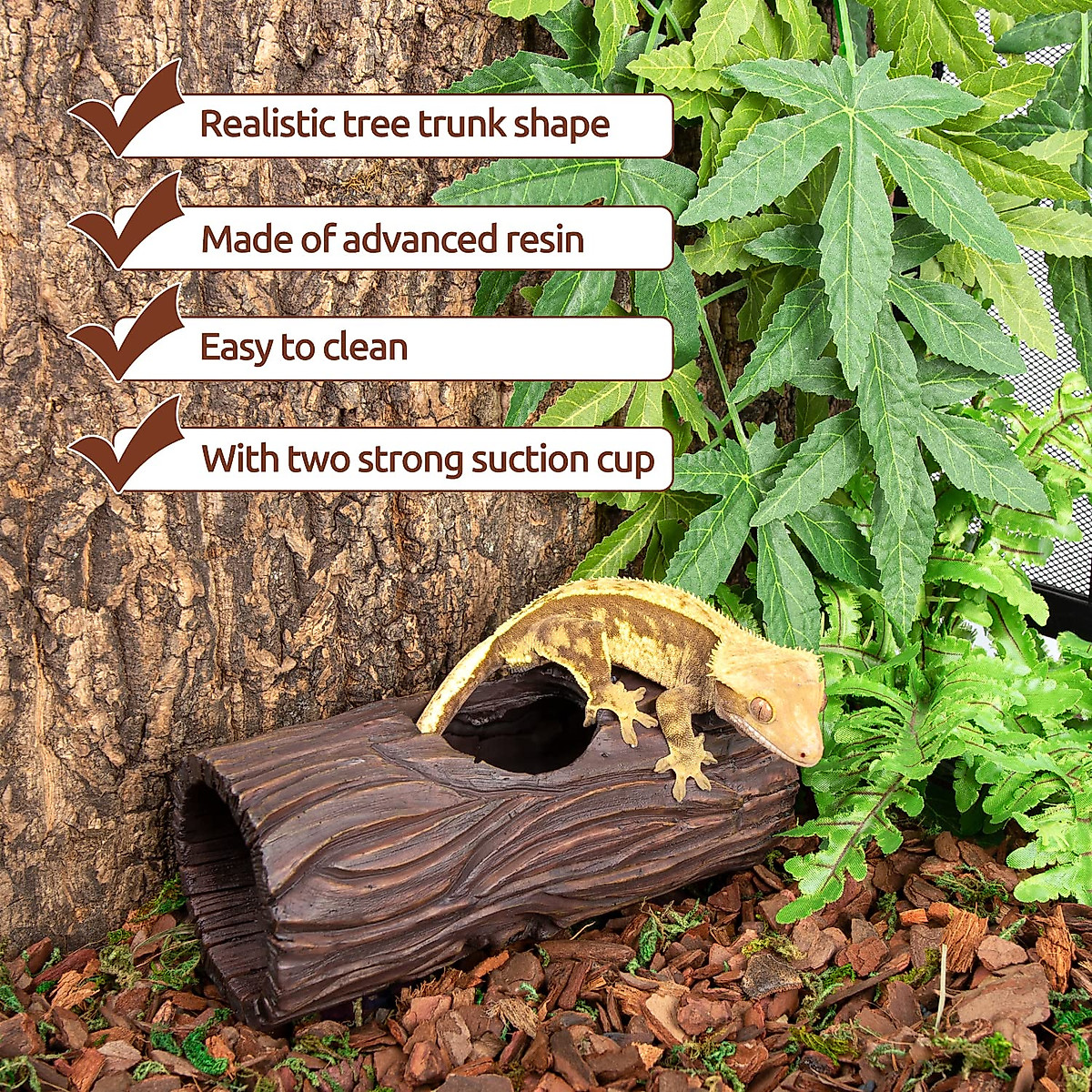 REPTIZOO Reptile Hide Cave Resin Hollow Tree Trunk Hideout Hermit Crab Climbing Toys Reptile Shelter Sleeping Cave for Arboreal Reptiles, Hermit Crabs, Leopard Gecko, Lizard Terrarium Decor