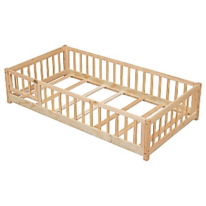 Twin Size Floor Bed Frame for Kids Wood Montessori Floor Beds with Fence Railings & Support Slats, Twin Playhouse Bed for Boys Girls, No Box Spring Needed, Natural