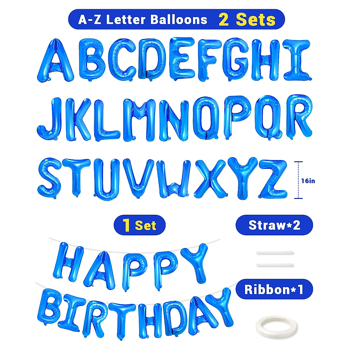 Gojmzo Personalized Name Happy Birthday Banner Decorations Blue Happy Birthday Sign Balloon Letter Balloons 2 Sets A-Z 16'' Mylar Foil Birthday Party Decorations for Kids, Women, Men, Blue