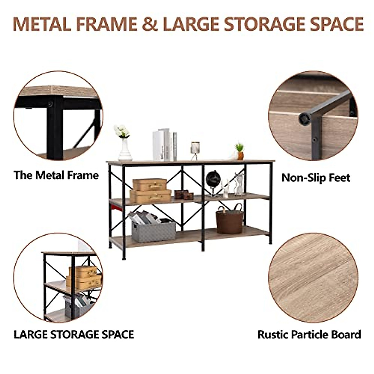 Vagowin 55 inch Sofa Console Table - 3-Tier Wood Hallway Table with Storage Industrial Rustic - Modern Entertainment Center with Shelf TV Stands, Farmhouse Side Table Bookshelf for Living Room, Grey