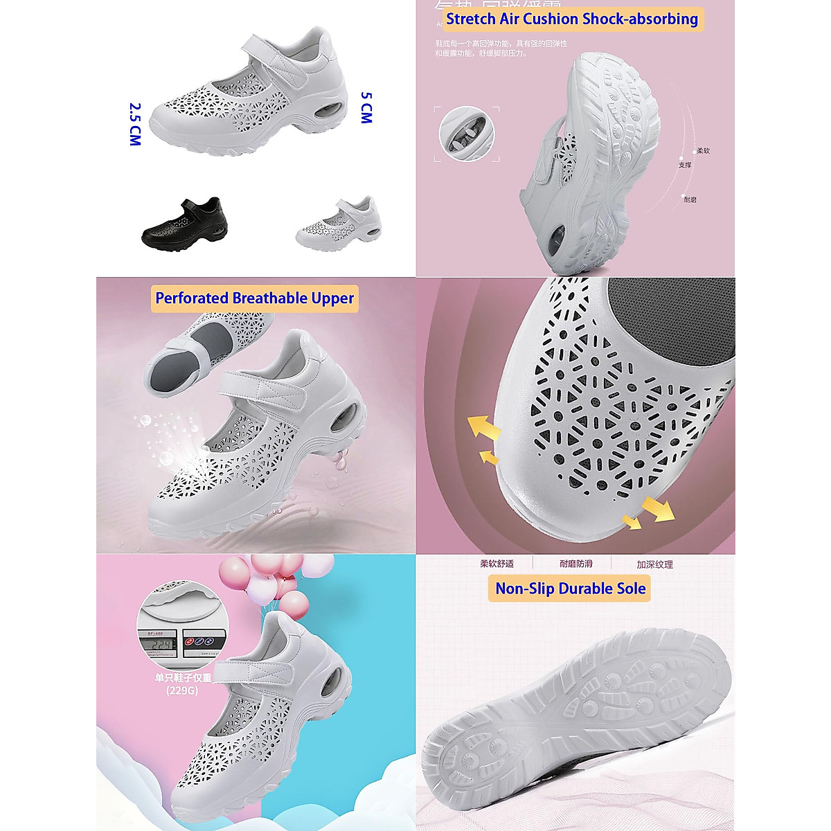 Women's Orthopedic Stretch Air Cushion Mary Jane Shoes Comfy Cloud Pro Cutout Breathe Wedge Running Fashion Sneakers (8,Black)