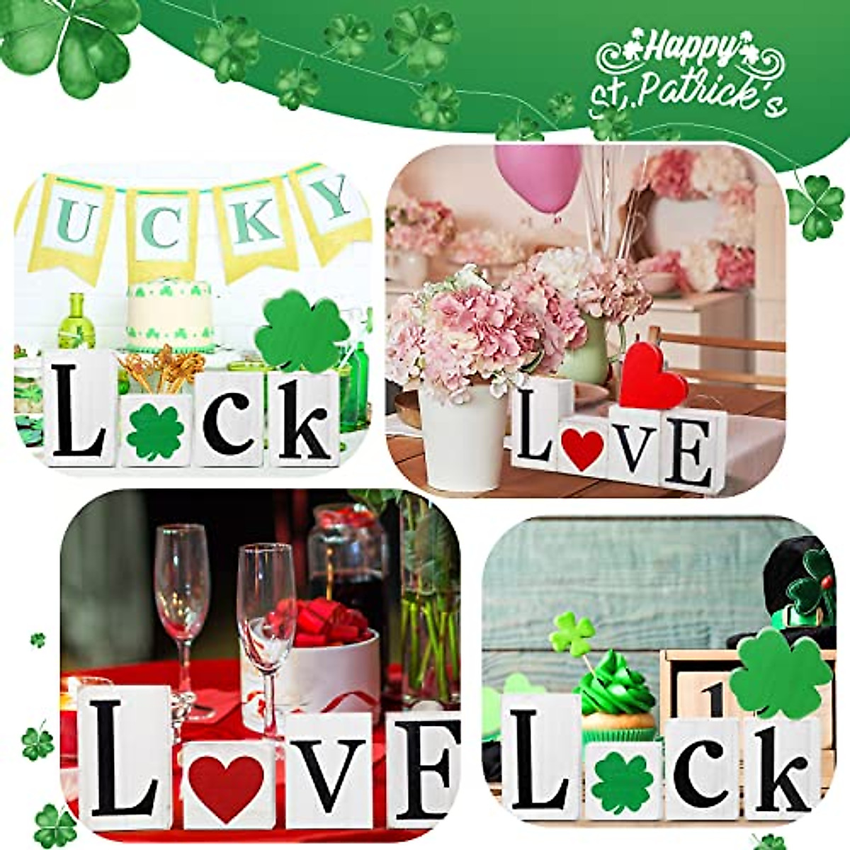 Glenmal 6 Pieces St. Patrick's Day Table Clover Signs Set Farmhouse St. Patrick's Day Wood Sign Double Side Four Leaf Clover Heart Block Wooden Luck Tiered Tray Decor for Kitchen Mantle Office Decor