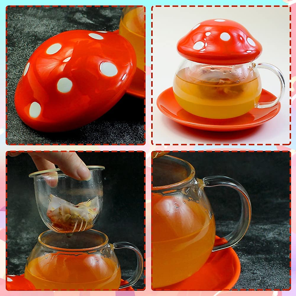 BINBE Cute Mushroom Cup,Heat Resistant Glass Tea Cup with Lid & Filter Infuser &Tray Kawaii Gifts Mushroom Mug for Coffee,Loose Leaf Tea,Milk (Orange)
