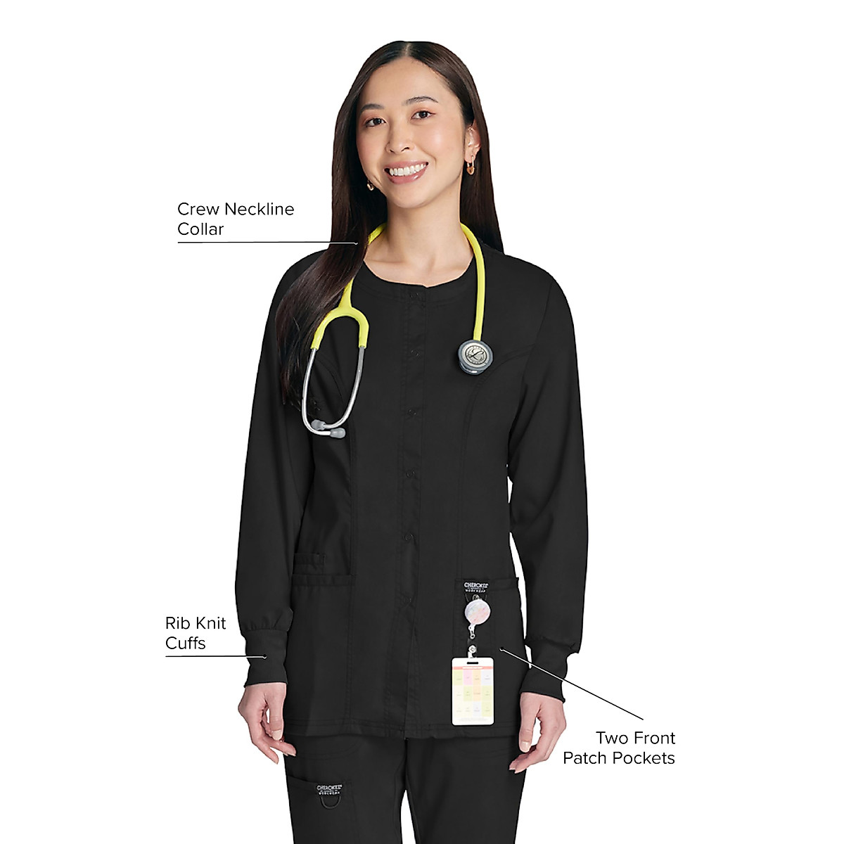 Snap Front Scrub Jackets for Women, Workwear Revolution Soft Stretch WW310, L, Black