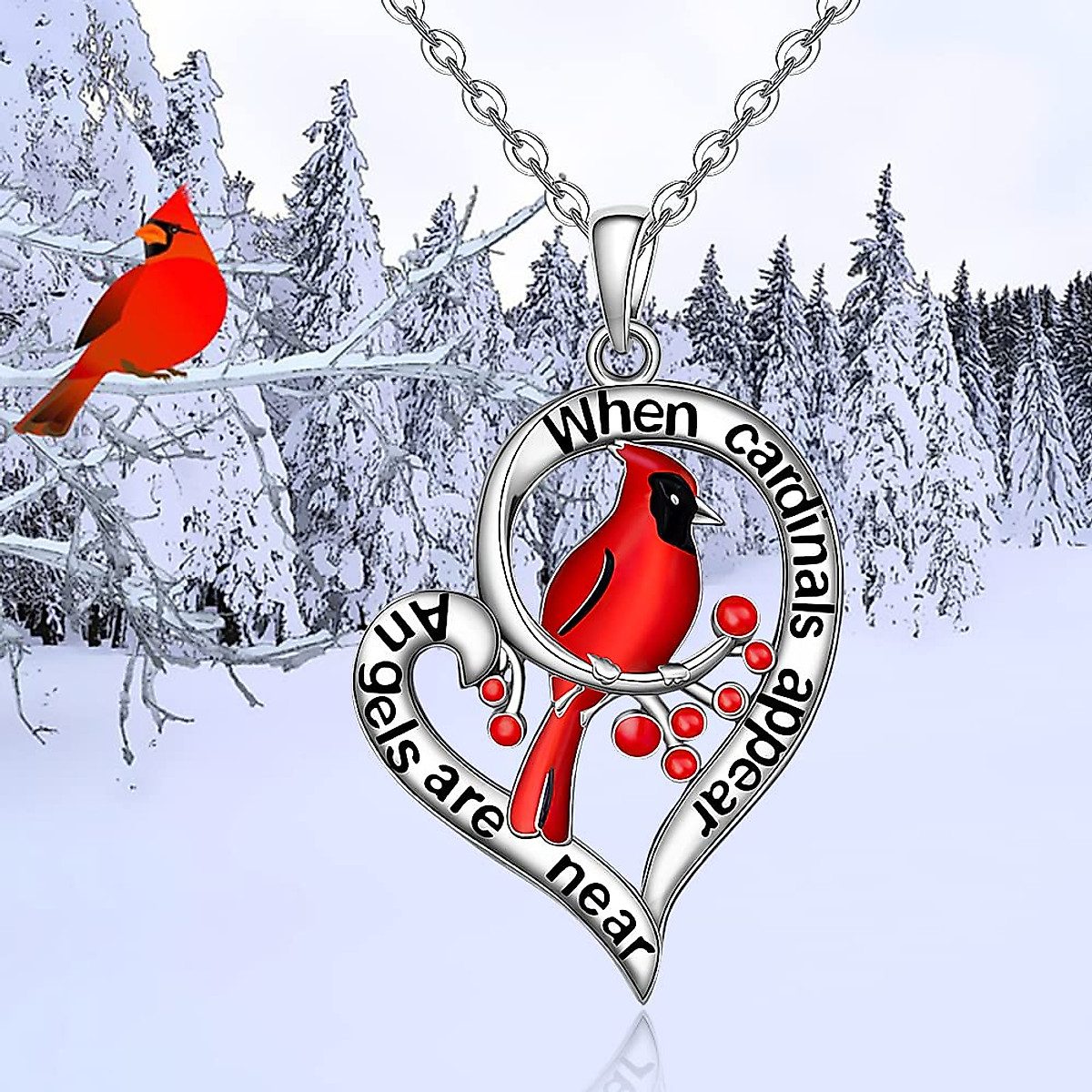 Cardinal Necklace Heart Red Bird Spiritual Memorial Engraved When Cardinal Appear Angels are Near Dainty Inspirational 925 Sterling Silver Animal Necklaces for Loss of Loved Heart