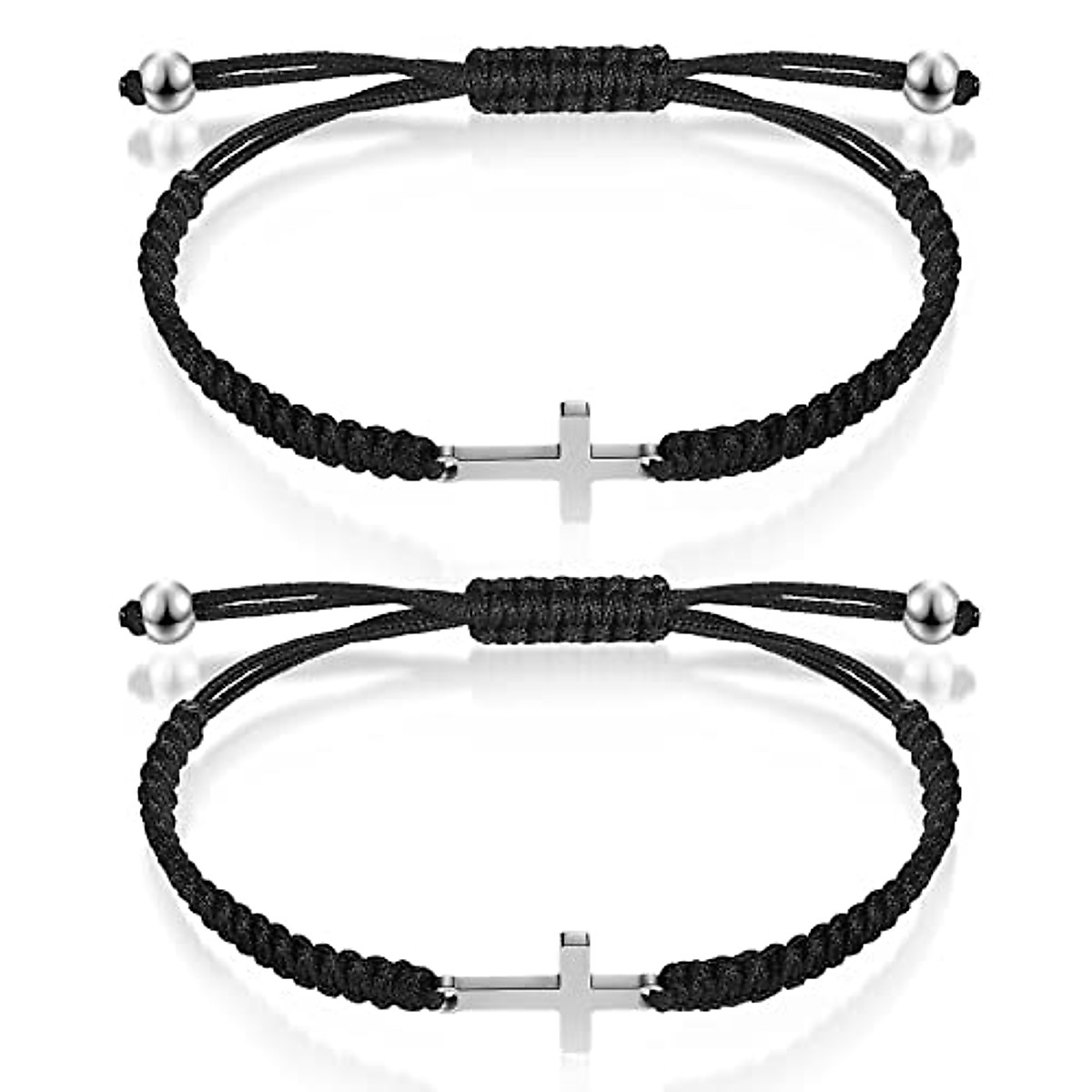 2 Pieces Friendship Cross Bracelet Black String Rope Braided Bracelet Cross Charm Adjustable Handmade Matching Couple Bracelets for Women Men Brother Kabbalah Strand Lucky BFF Bracelets (Black)