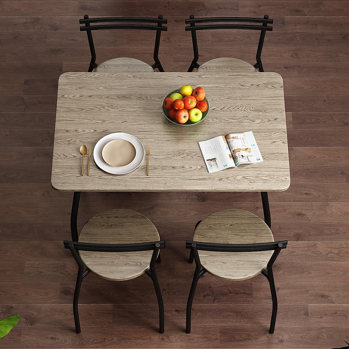 REHOOPEX Dining Table Set for 4, 5-Piece Kitchen Table and Chairs for 4, Metal Frame with Wood Top, Modern Small Dining Table Set Ideal for Dining Room, Small Space, Apartment (Black+Wood)