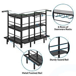 Tribesigns Home Bar Unit, L Shaped Black Liquor Bar Table with Glass Counter Top, Wine Glasses Holder, Storage Shelves and Footrest for Living Room/Basement