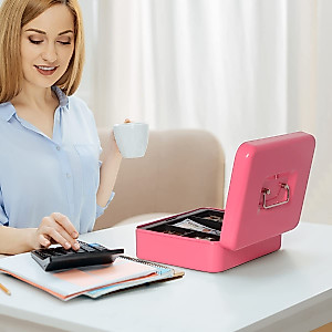 Kasten Cash Box With Money Tray and Key Lock, Money Organizer for Cash, 9.84"x 7.87"x 3.54", Medium Pink