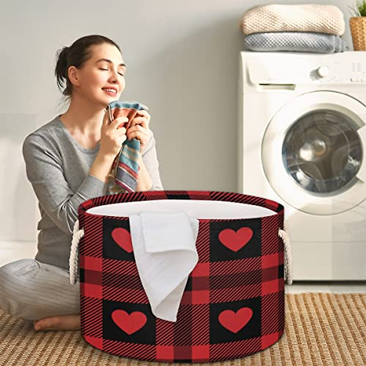 Red Check Plaid Valentine's Day Large Round Baskets for Storage Laundry Baskets with Handles Blanket Storage Basket for Bathroom Shelves Bins for Organizing Nursery Hamper Girl Boy