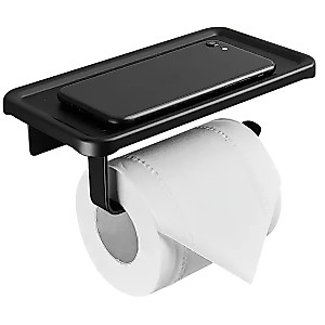 Ihvewuo formsiwod Black Toilet Roll Holder Aluminum Toilet Paper Holder with Phone Shelf Wall Mounted Toilet Roll Holder with Screws Anti-Rust Toilet Paper Holder for Bathroom Kitchen JK