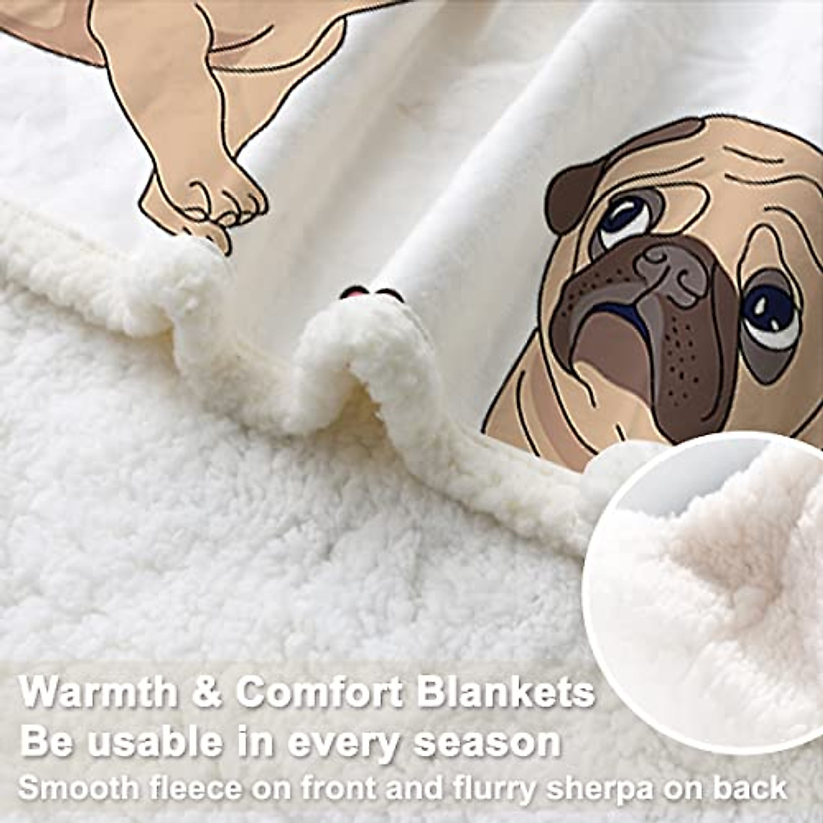 Sleepwish Pug Blanket for Kids Adults Pug Fleece Blanket for Boys Soft Girl Fuzzy Throw Blanket Cute Dog Blanket Animal Pattern Sherpa Plush Blanket for Women Pug Lover (50"x 60")