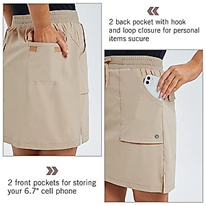 BALEAF Women's Golf Skort 18" Knee Length Skirt with Biker Shorts Pockets Stretch Elastic Waist for Tennis Hiking Khaki Size XL