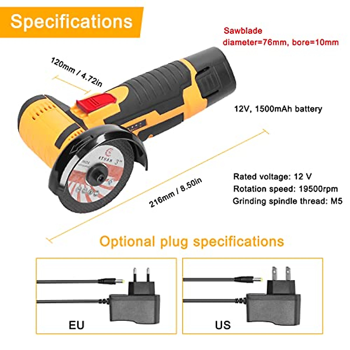 Angle Grinder, Geevorks Mini Angle Grinder 12V 19500RPM, Electric Grinding Tool for Cutting Polishing Ceramic Tile Wood Stone Steel, with 2 Cutting Disc/2PCS 1200mAh Battery